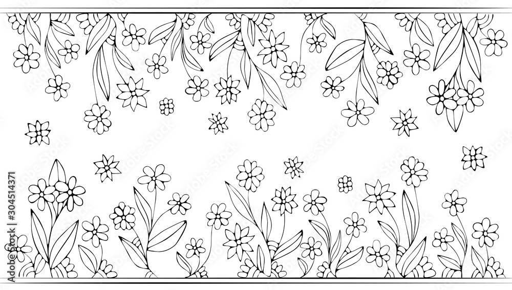 Line drawing border and frame with lines. Floral ornament with leaf on ...