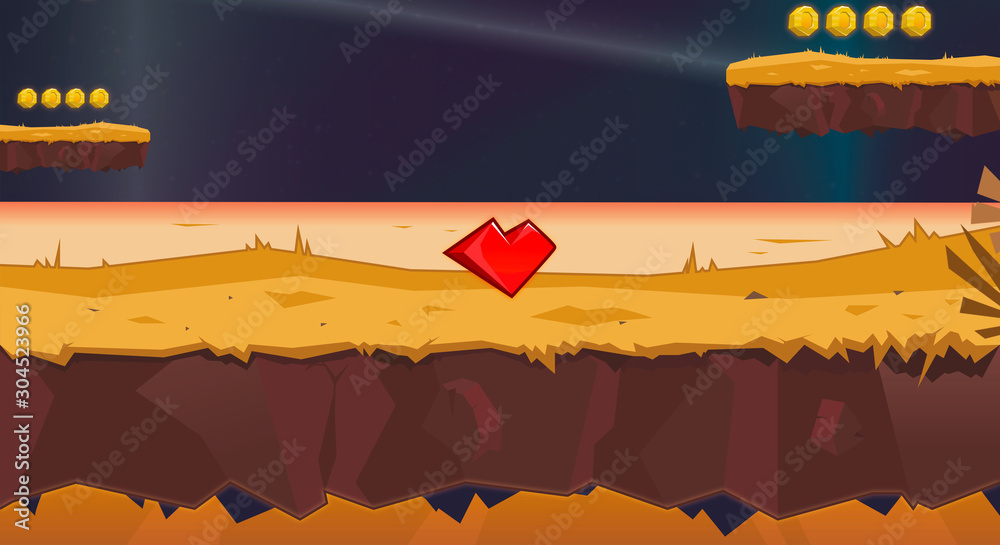 Pixel art of a night scene in desert. Gold coins, sand and night sky ...