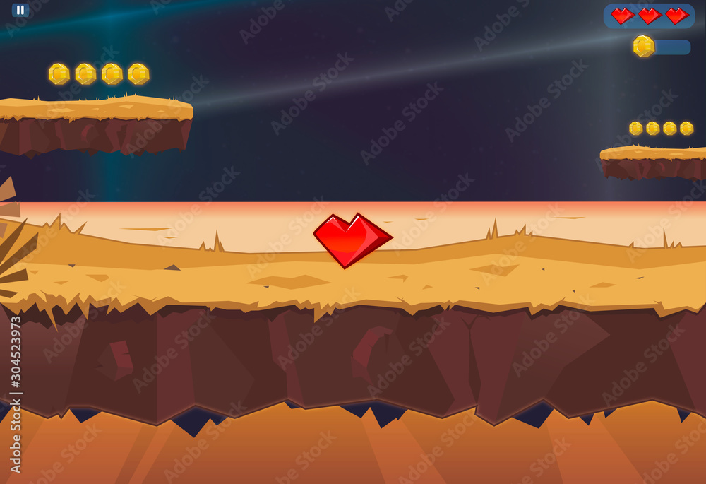Pixel art of a night scene in desert. Gold coins, sand and night sky ...