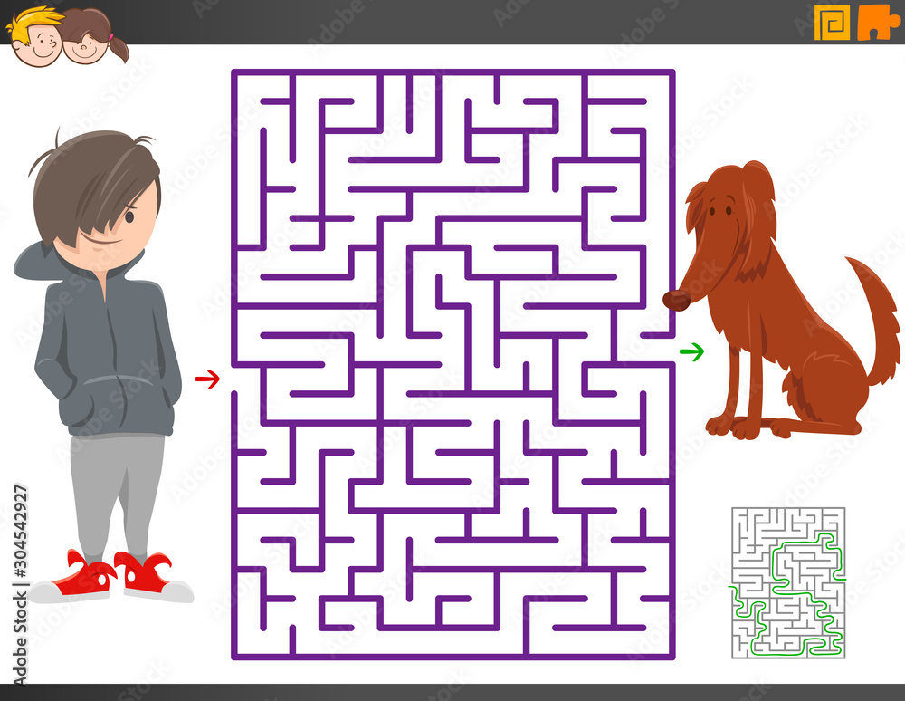 maze game with cartoon boy and dog character Stock Vector | Adobe Stock
