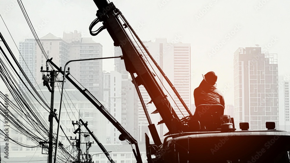 Collage of silhouette electricians team with crane trucks working to ...