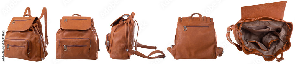 Collage of different sides of the same dark orange backpack isolated on ...
