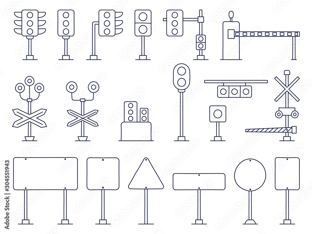 Outline Set of Traffic Vector Cartoon Illustration. Railway and road ...