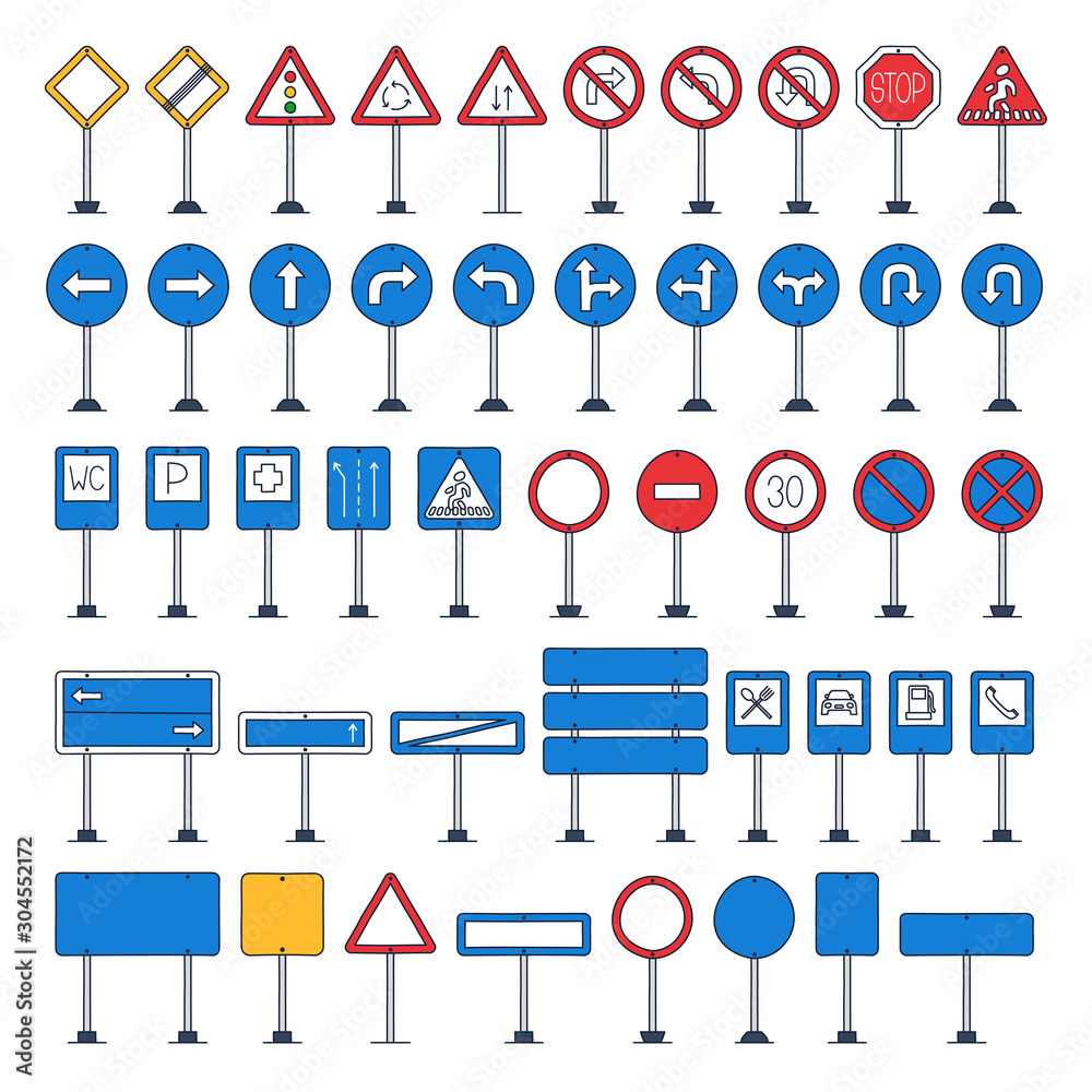 Vector mega set of cartoon road signs with outline. Hand-drawn traffic ...