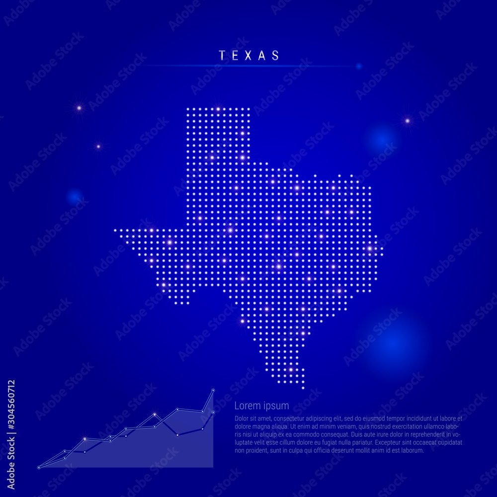 Texas US state illuminated map with glowing dots. Dark blue space ...
