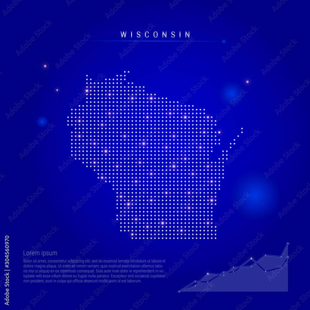 Wisconsin US state illuminated map with glowing dots. Dark blue space ...