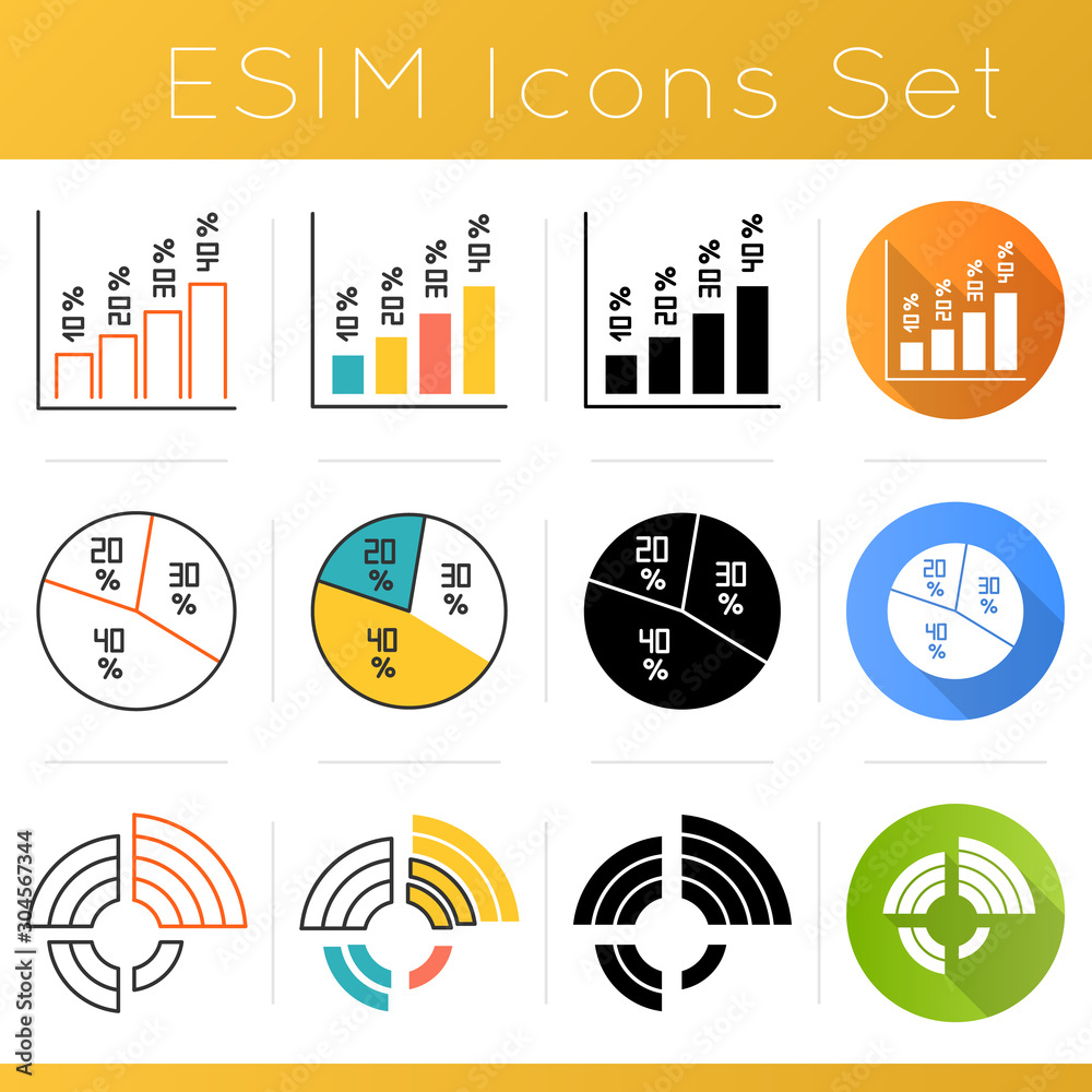Chart and graph icons set. Vertical histogram with percentage rate. Pie ...
