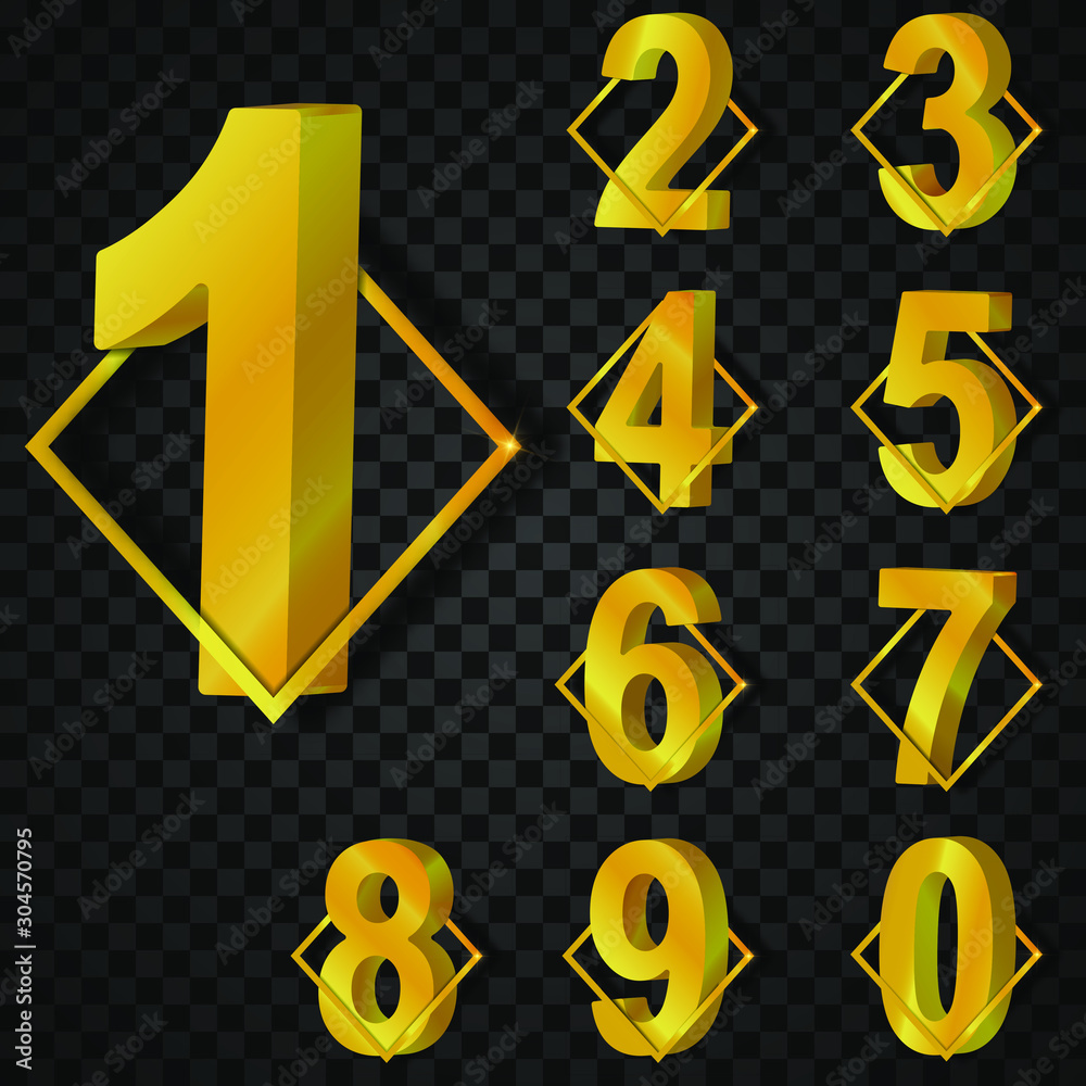 Set of 3D golden number collection, graphic desing object vector ...