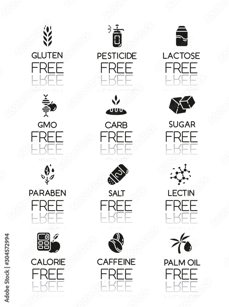 Product free ingredient drop shadow black glyph icons set. No lectine ...