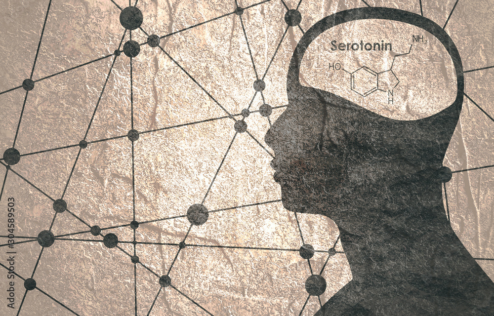 Chemical molecular formula hormone serotonin. Silhouette of a man head ...