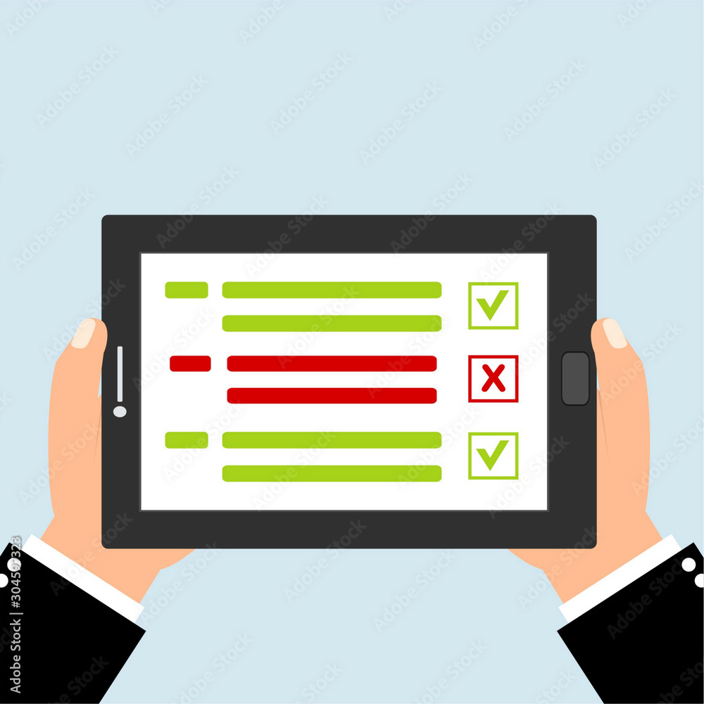 Online survey. Internet surveying, hands holding tablet with test form ...