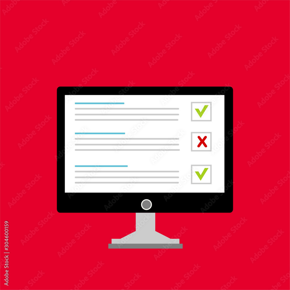 Laptop and checkboxes with check mark. Checklist, white tick on laptop ...