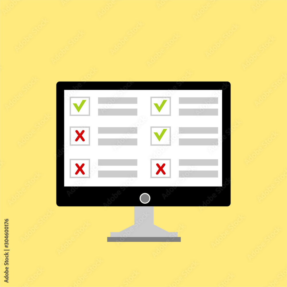 Laptop and checkboxes with check mark. Checklist, white tick on laptop ...