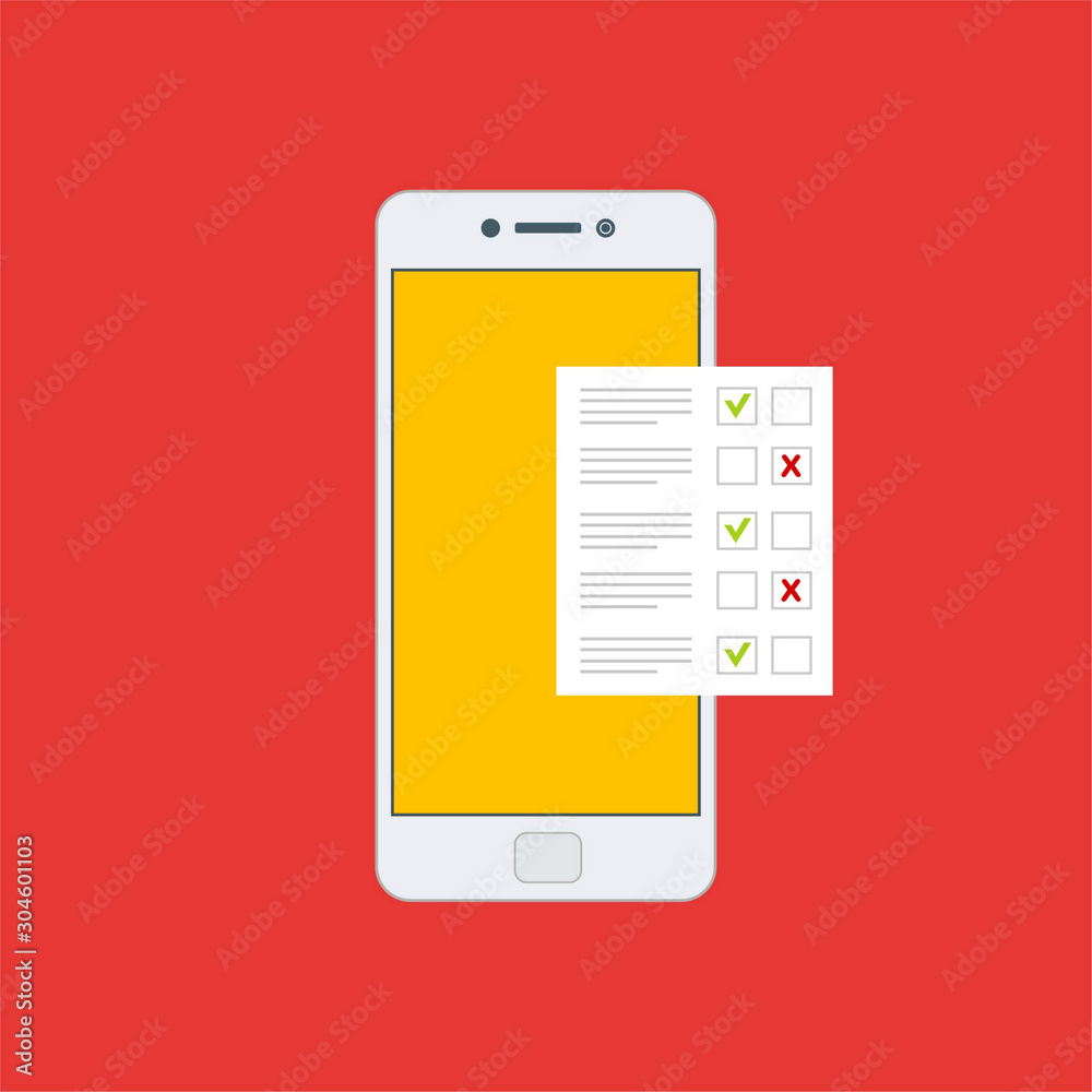 Checklist on smartphone screen. One hand holds smartphone and finger ...