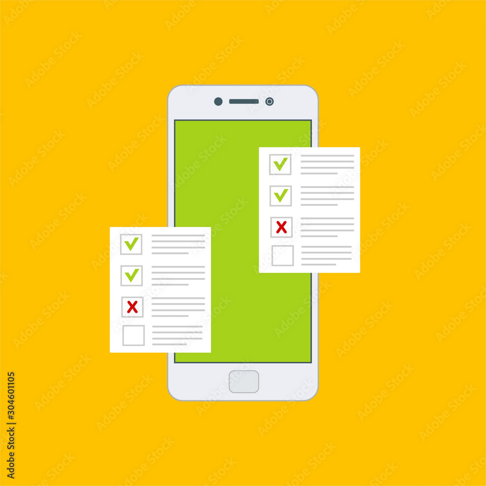 Checklist on smartphone screen. One hand holds smartphone and finger ...