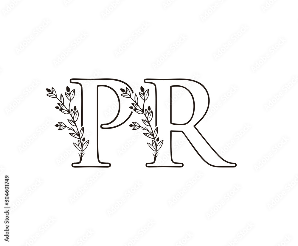 Letter P, R and PR Vintage Floral Logo Icon, Hand Drawn Flower Design ...