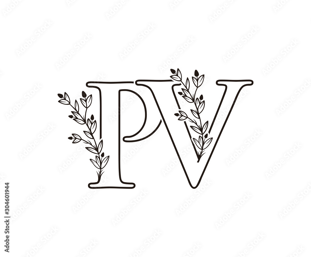 Letter P, V and PV Vintage Floral Logo Icon, Hand Drawn Flower Design ...
