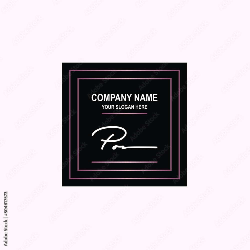 PO Initial signature logo is white, with a dark pink grid gradation ...