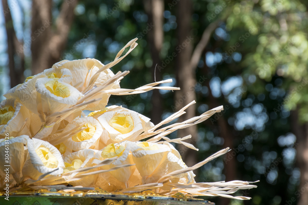 Crematory flowers. Thai artificial flowers used in funerals Wooden ...