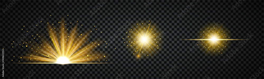 Three different burst or flash effect bright golden lights isolated on ...
