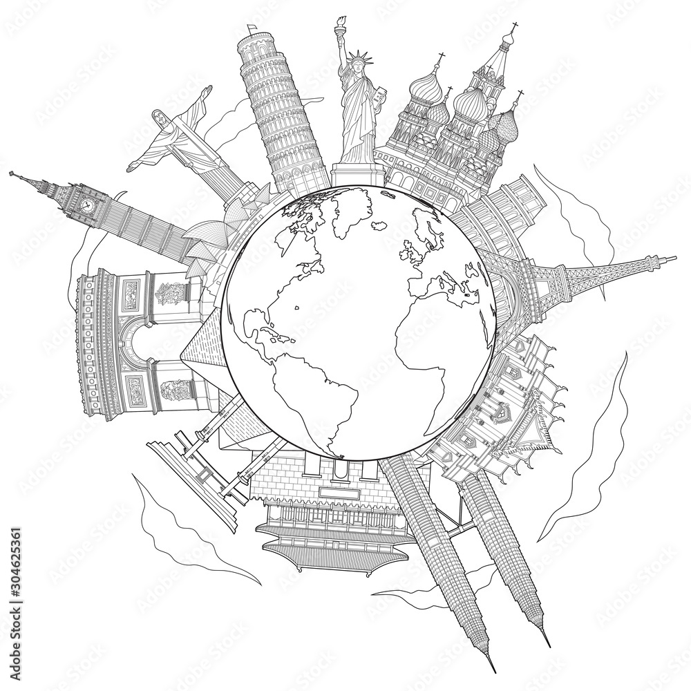 Around the world travel famous landmark doodle art drawing sketch style ...