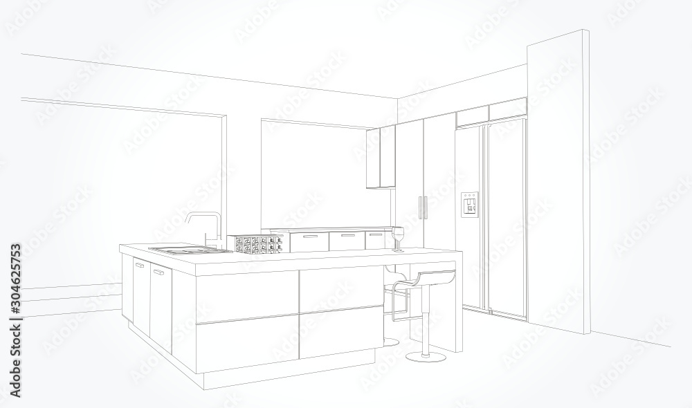 Linear sketch of an interior. Sketch Line dining room . Vector ...