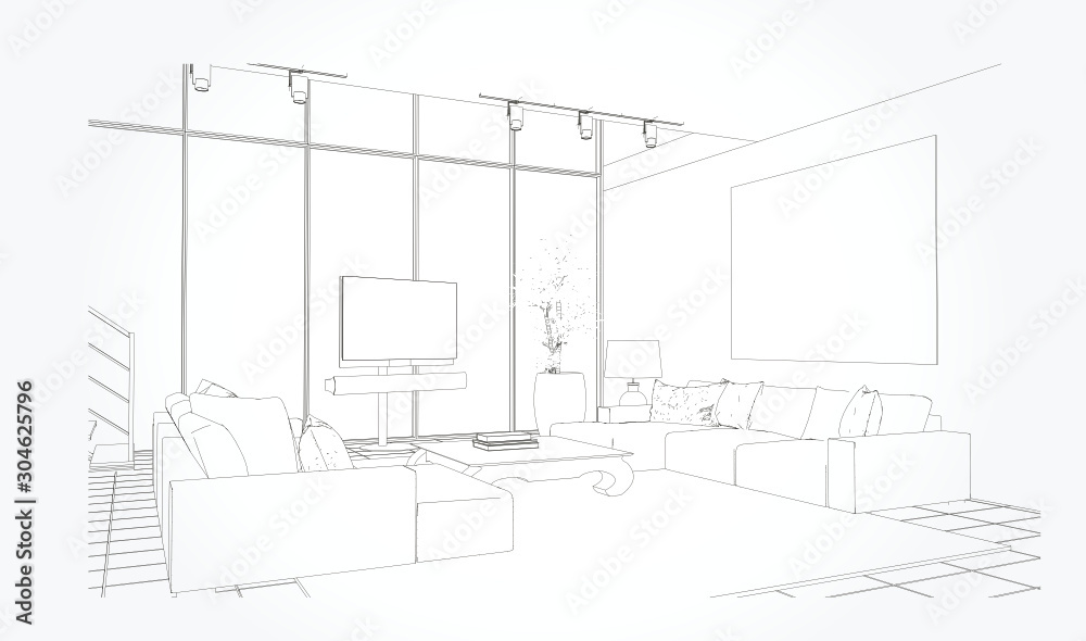 Linear sketch of an interior. Living room plan. Sketch Line sofa set ...