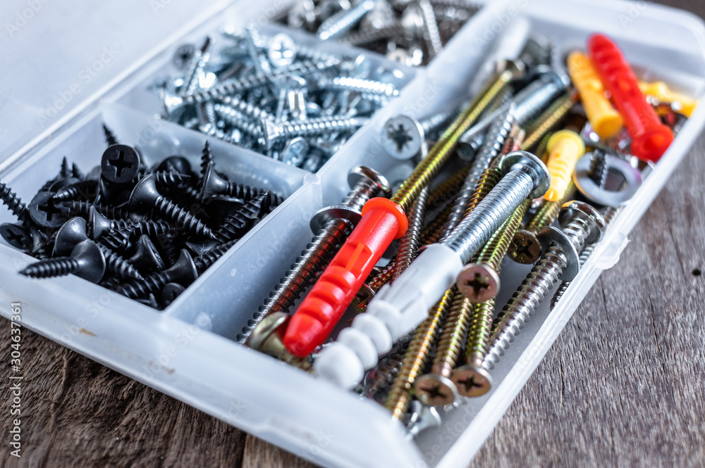 Piles of different sizes, types and colors in transparent plastic ...