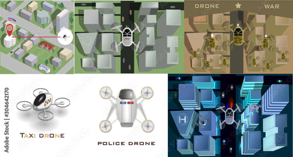 Drones for various purposes are flying over city. Police flying car ...
