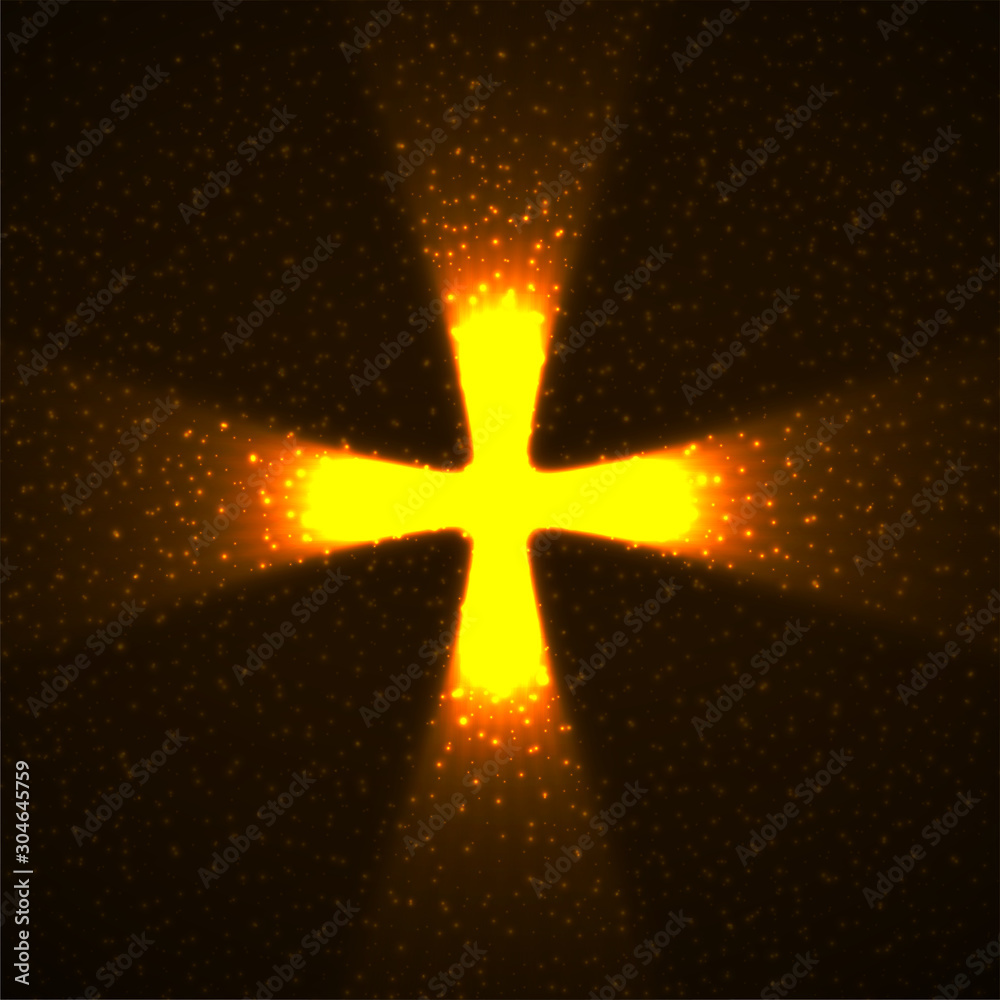 Abstract shining cross with glowing rays and particles. Religious ...