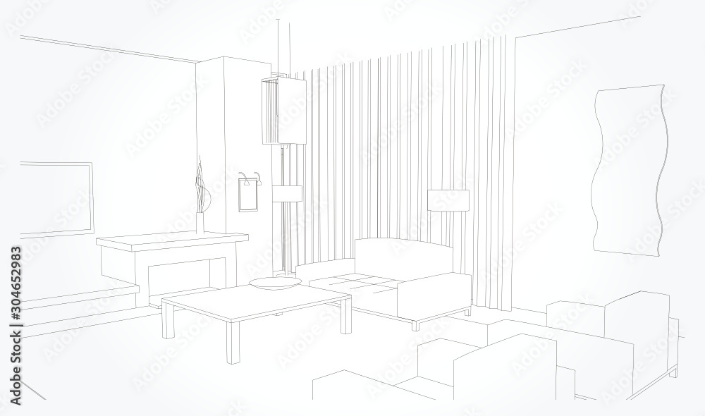 Linear sketch of an interior. Living room plan. Sketch Line sofa set ...