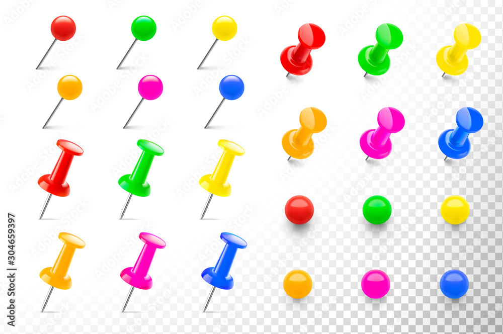 Colorful push pins set in different angles. Realistic thumbtacks ...