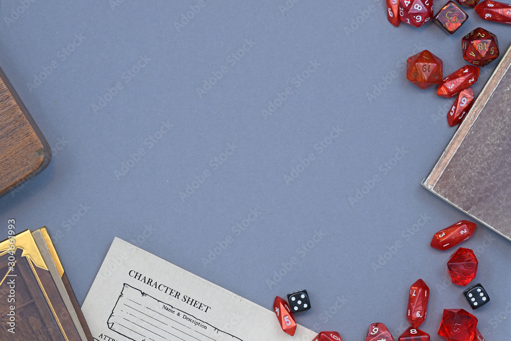 design for tabletop role playing with red RPG dices blue dices ...