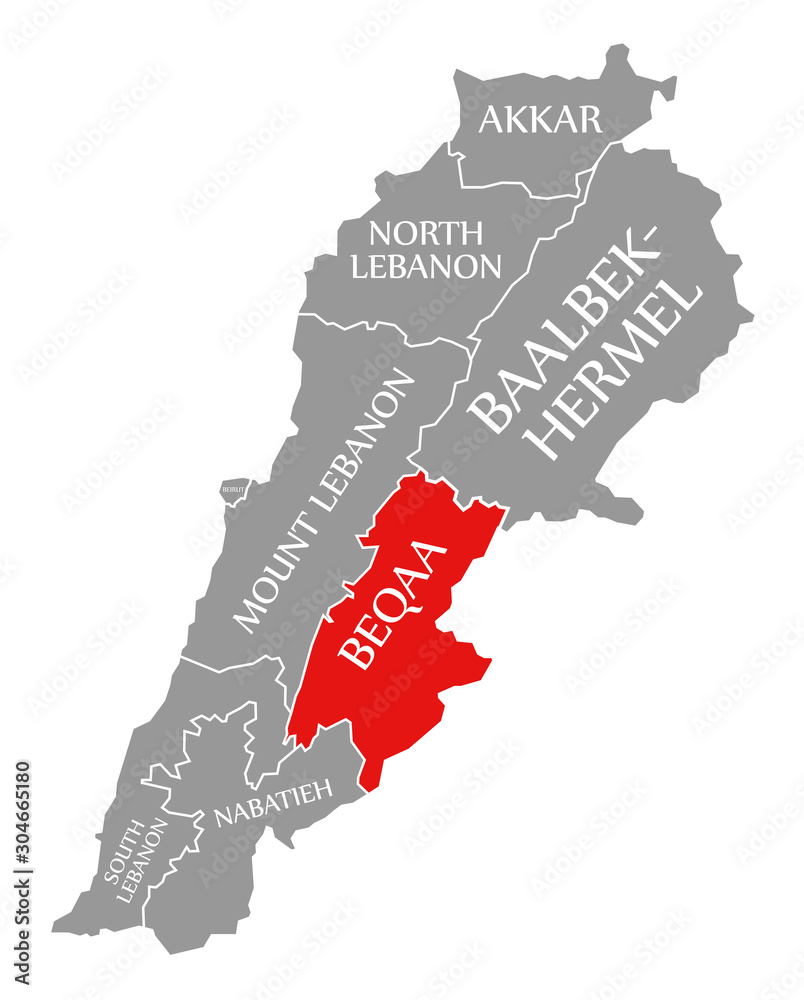Beqaa red highlighted in map of Lebanon Stock Illustration | Adobe Stock