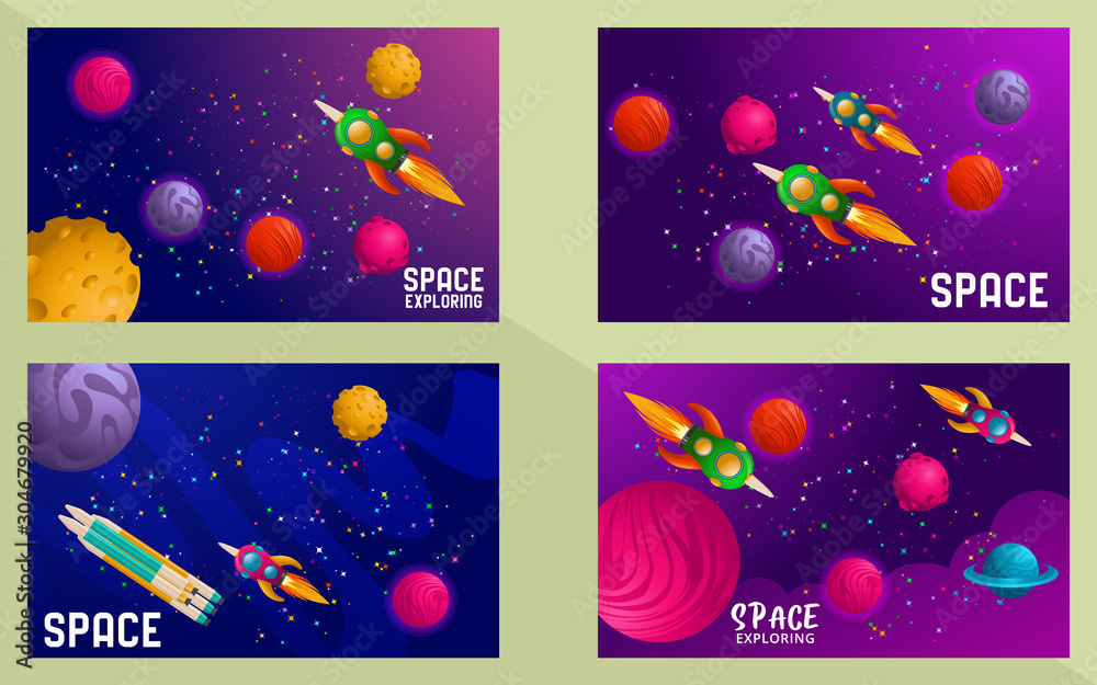 huge universe vector brochure cards. Outline outer space rocket ...