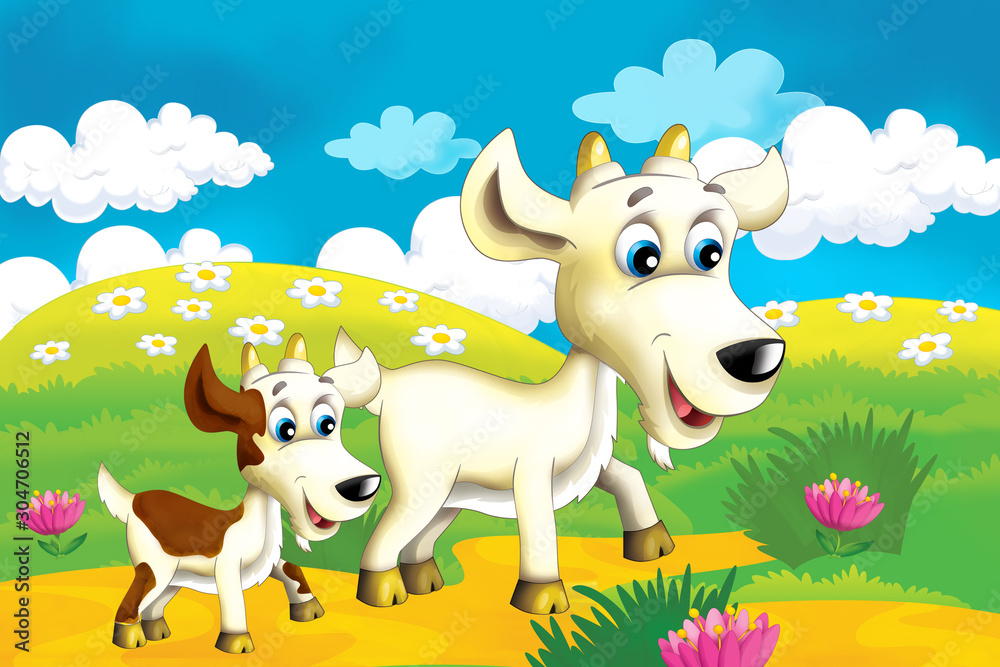 Cartoon farm scene with animal goat having fun - illustration for ...