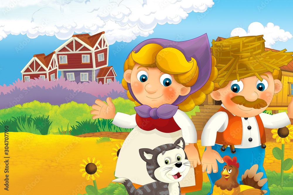 Cartoon happy farm scene - farm couple man and woman happy ...