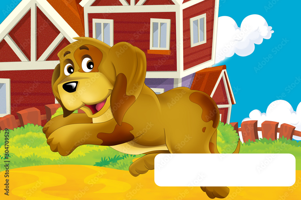cartoon scene with dog on a farm having fun with frame for text ...
