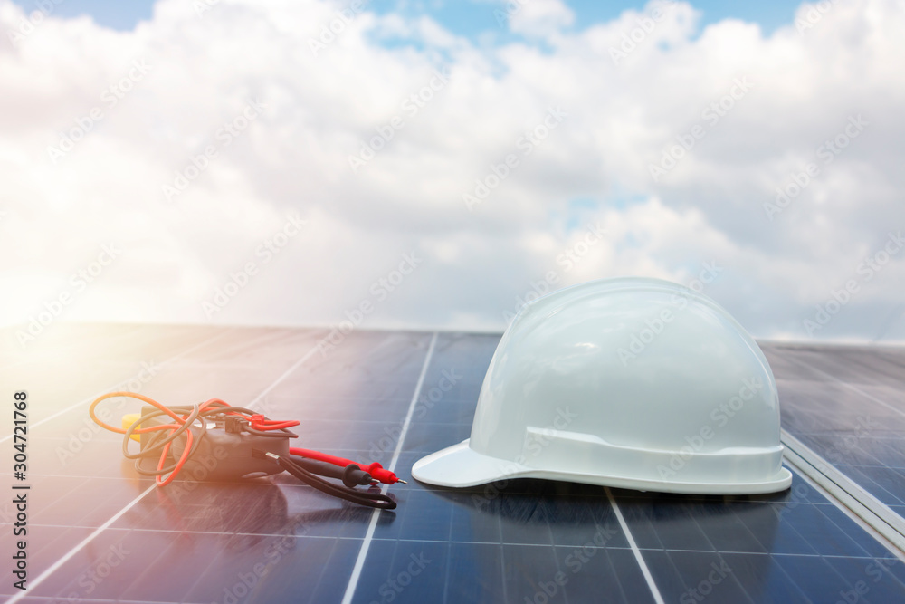 Solar panel from the sun with sunlight on blue sky background ...