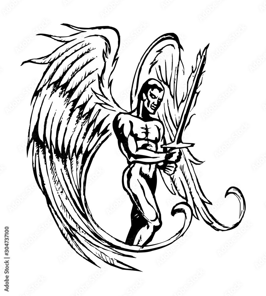 Archangel Michael with big wings and burning sword, angel, warrior ...