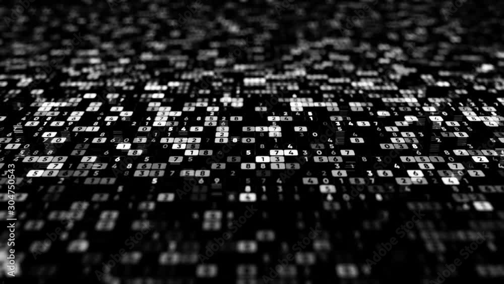 Abstract black and white background with the data in many rows of changing numbers, seamless ...