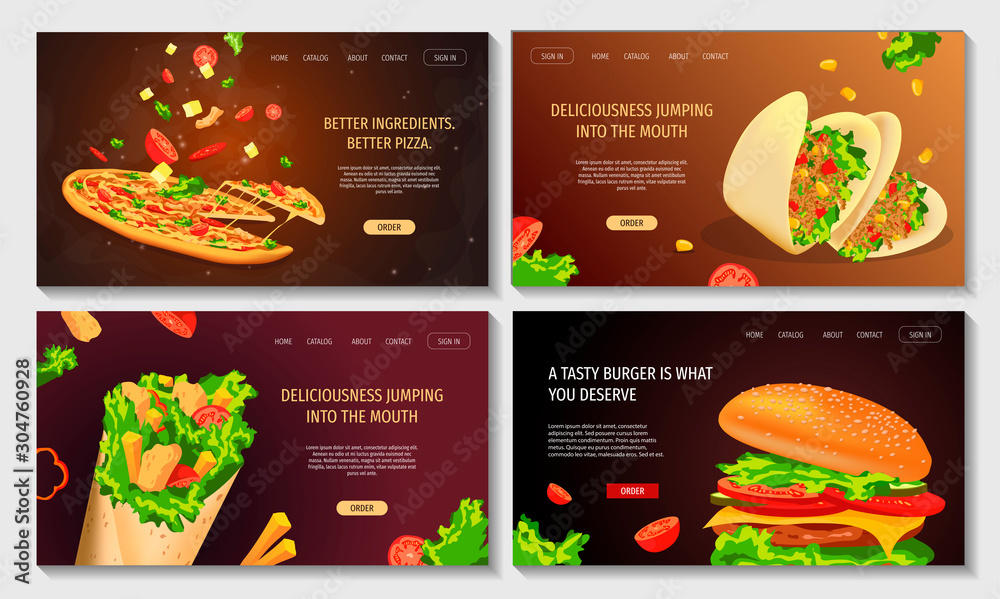 Set of web page design templates for fast food, cooking, cafe and ...