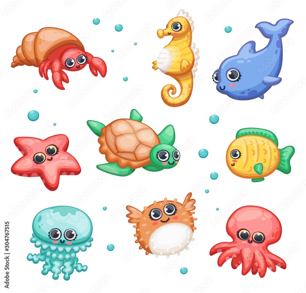 Underwater sea or ocean animals set flat cartoon vector illustration ...