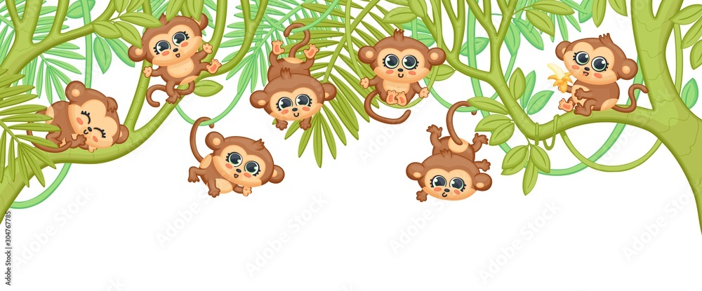 Cute cartoon baby monkeys hanging on jungle tree branches Stock Vector ...