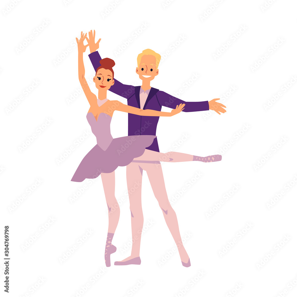Man and Woman, ballet dancers characters, flat vector illustration ...