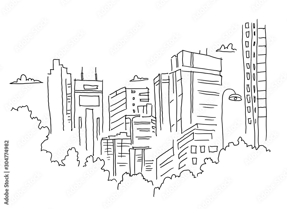 City sketch. Building architecture landscape panorama. View from window ...