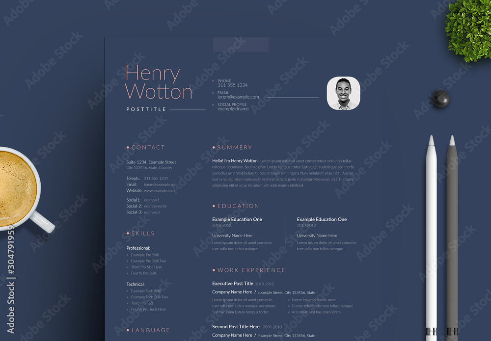 Dark Blue Resume and Cover Letter Layout Set Stock Template | Adobe Stock