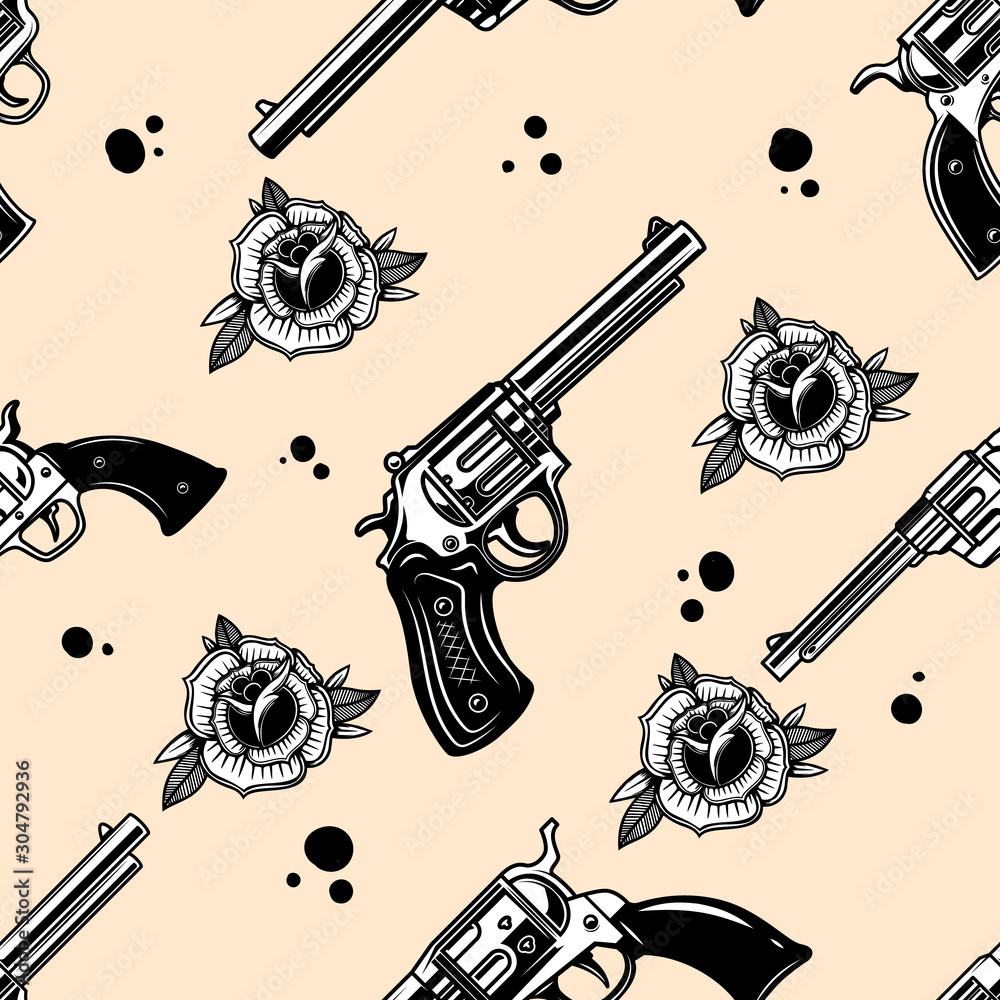 Seamless pattern with revolvers and roses. Design element for poster ...