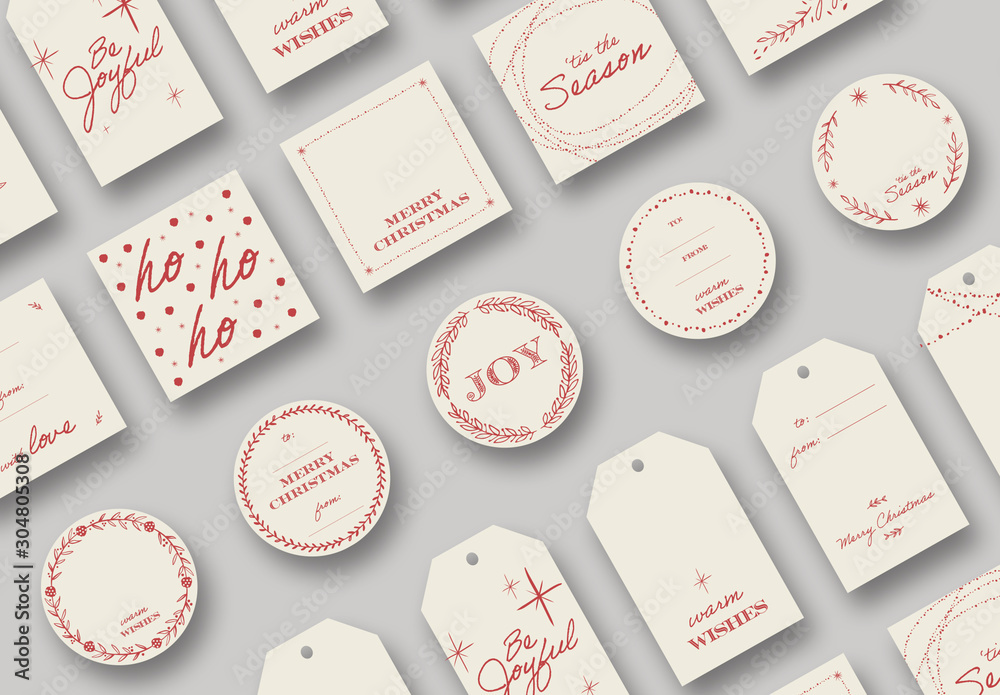 Cream and Red Gift Tag Layouts with Holiday Illustrations Stock ...