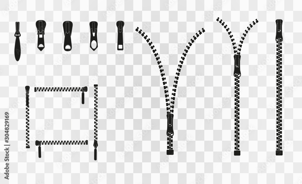 Vector illustration. Zippered lock and unlock. Zipper buttoned. Closed and open zipper. Set ...